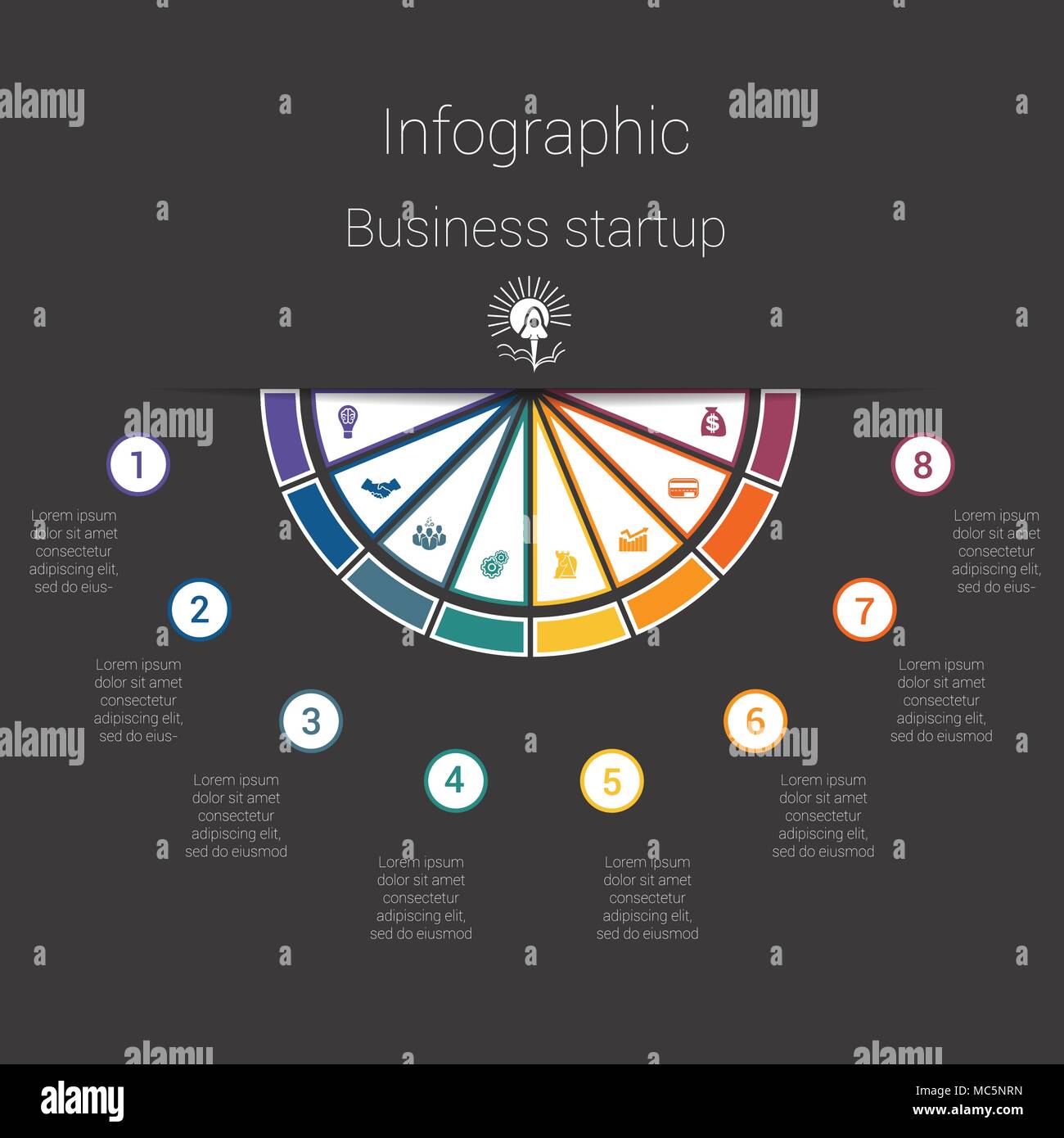 Dark infographic colorful semicircle 8 positions step by step processes ...