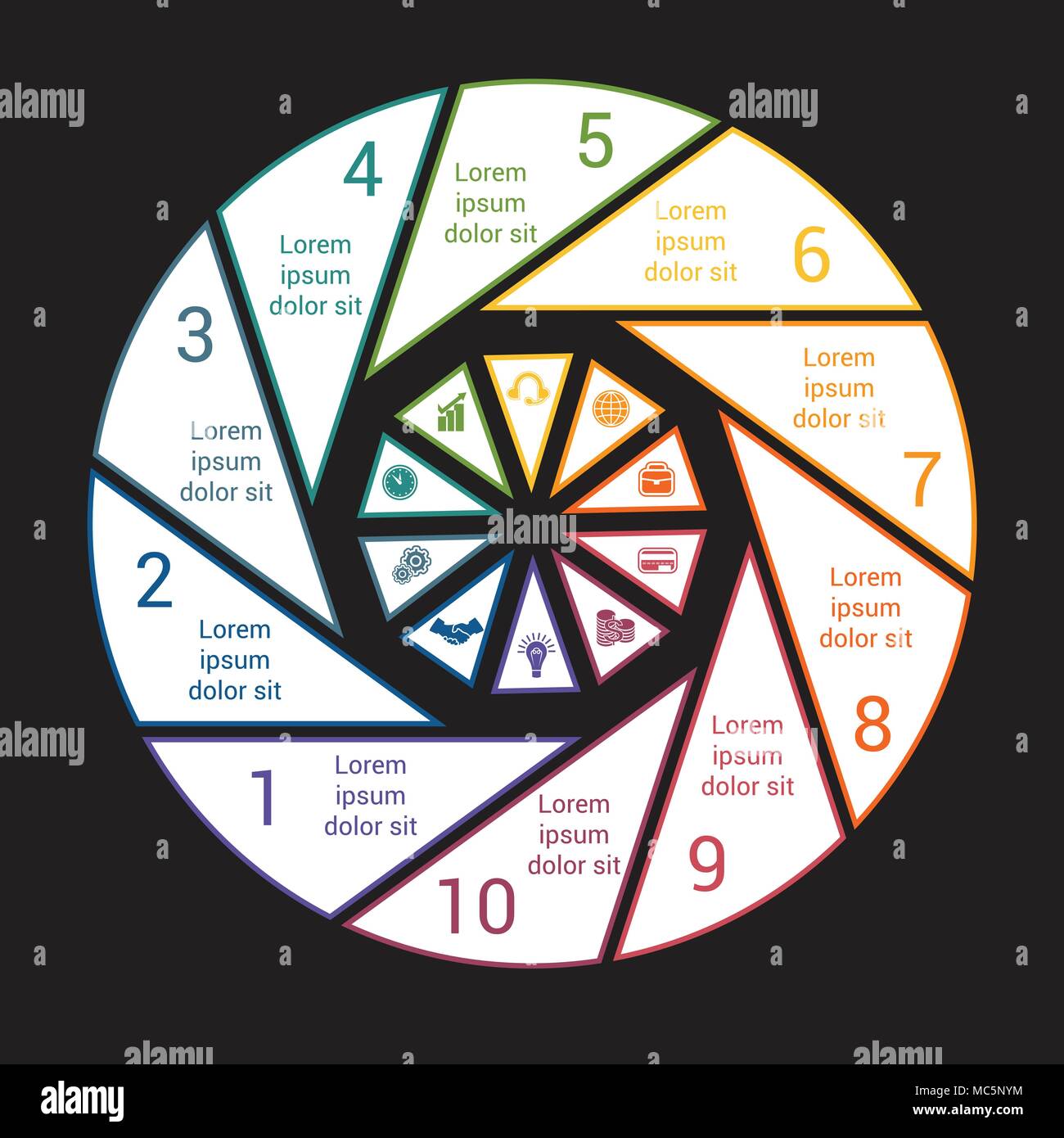 Pie chart with black background from colored lines for 10 options ...