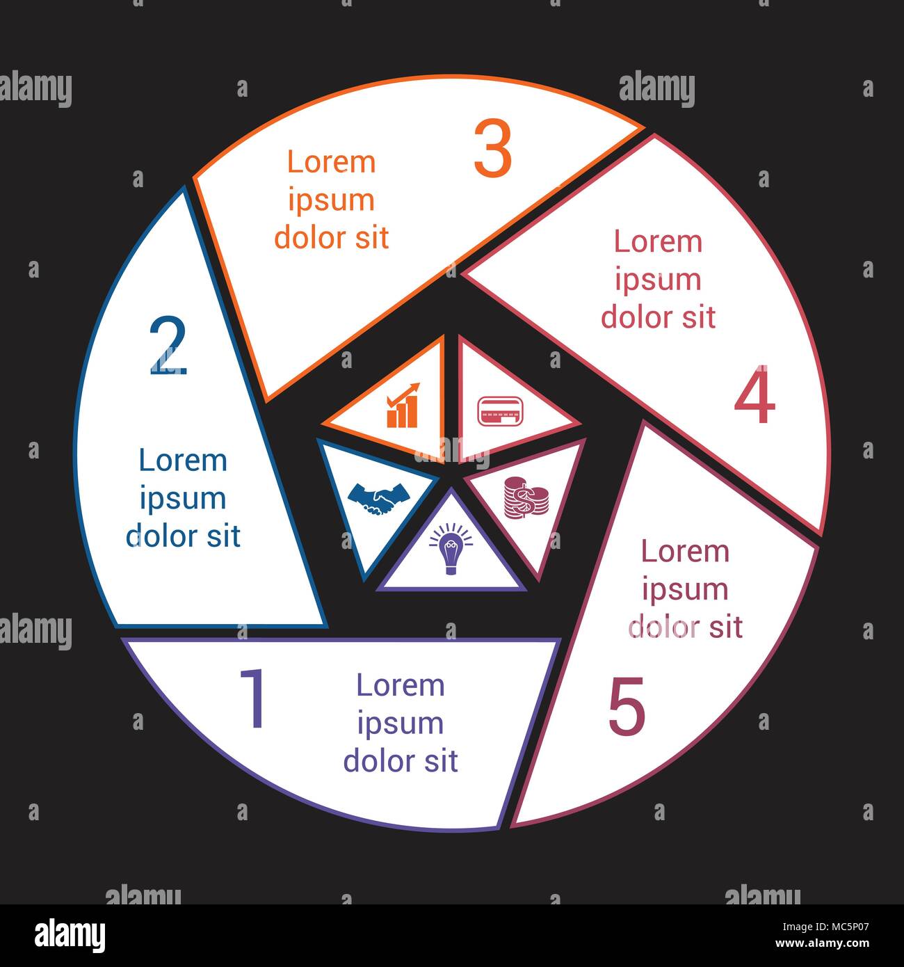 Pie chart with black background from colored lines for 5 options ...