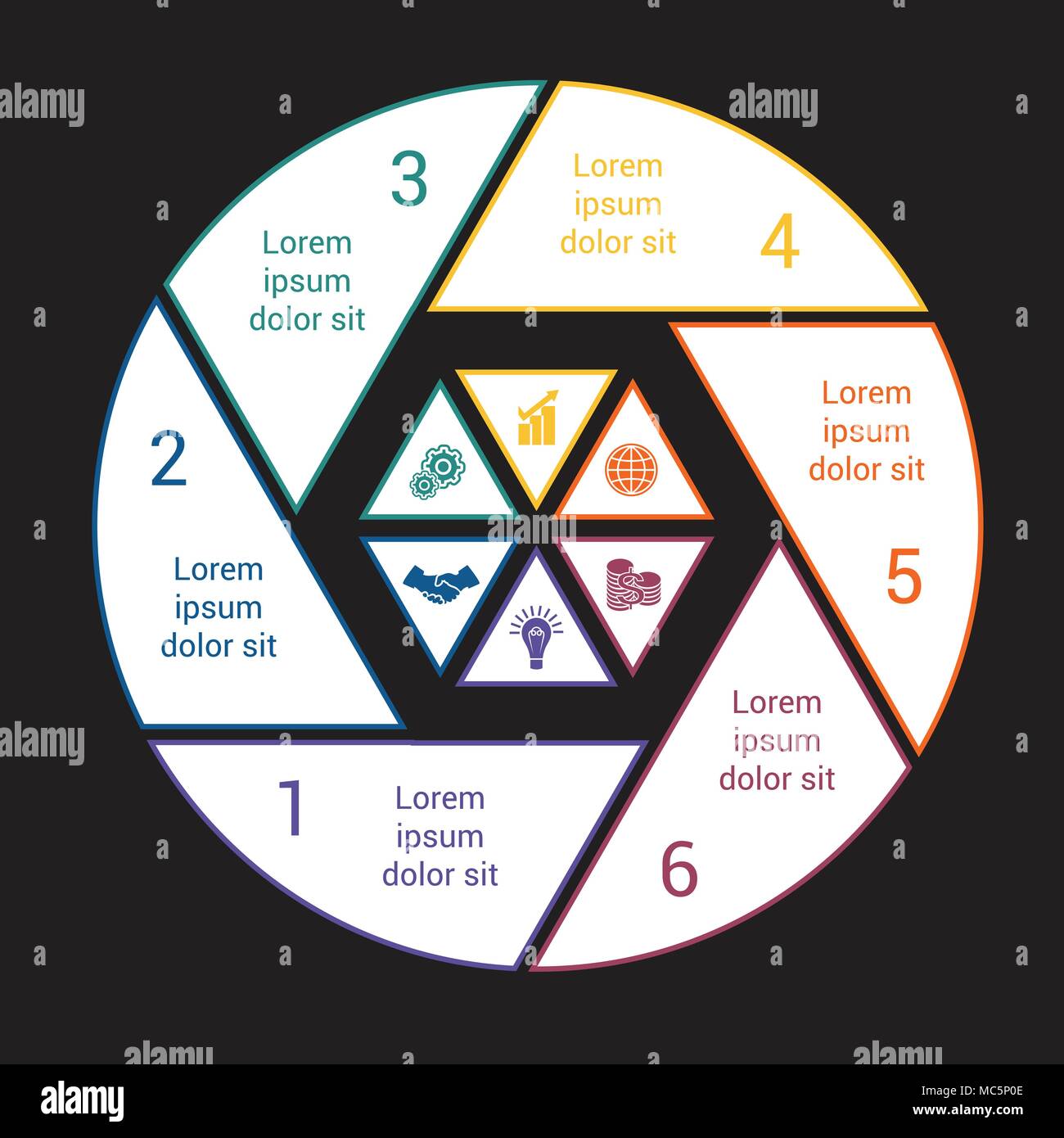 Pie chart with black background from colored lines for 6 options ...