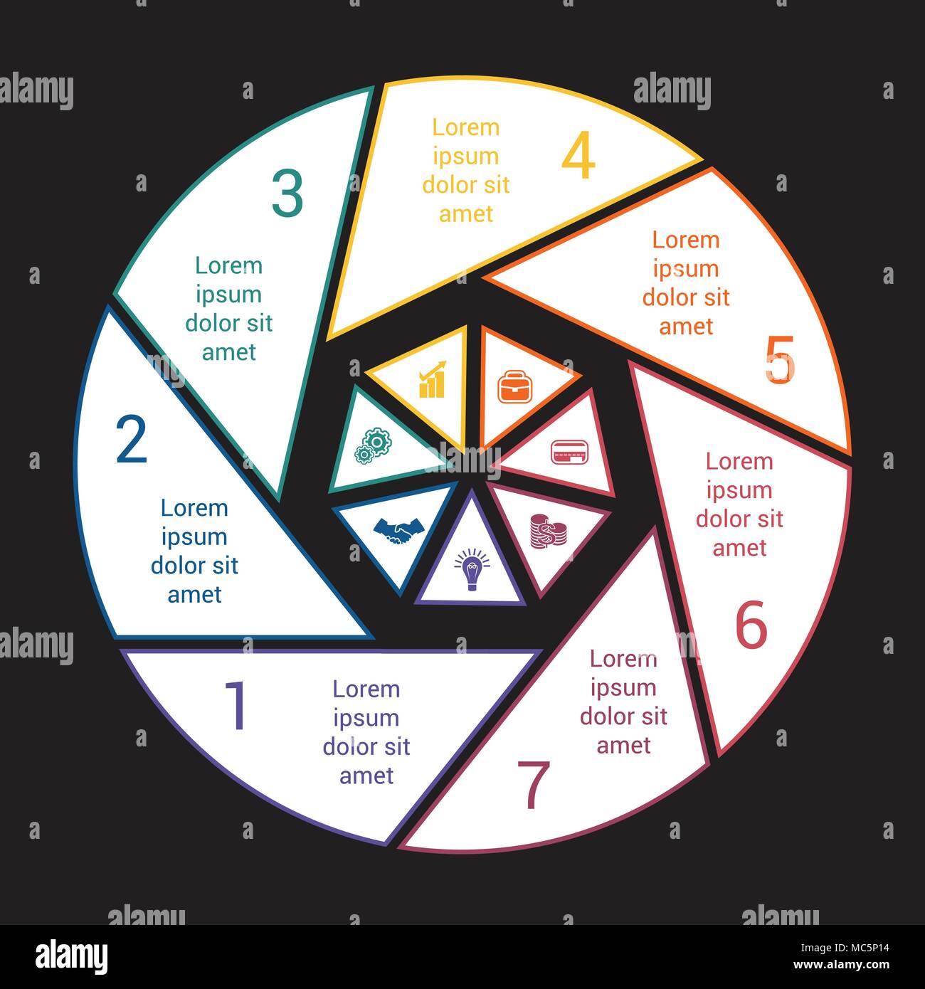 Pie chart with black background from colored lines for 7 options ...