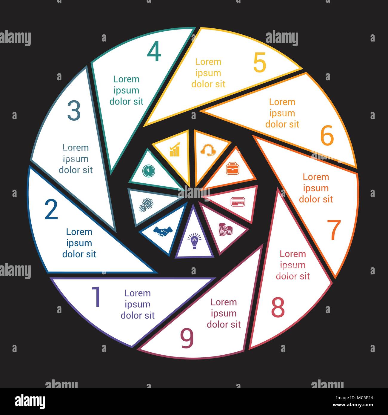Pie chart with black background from colored lines for 9 options ...