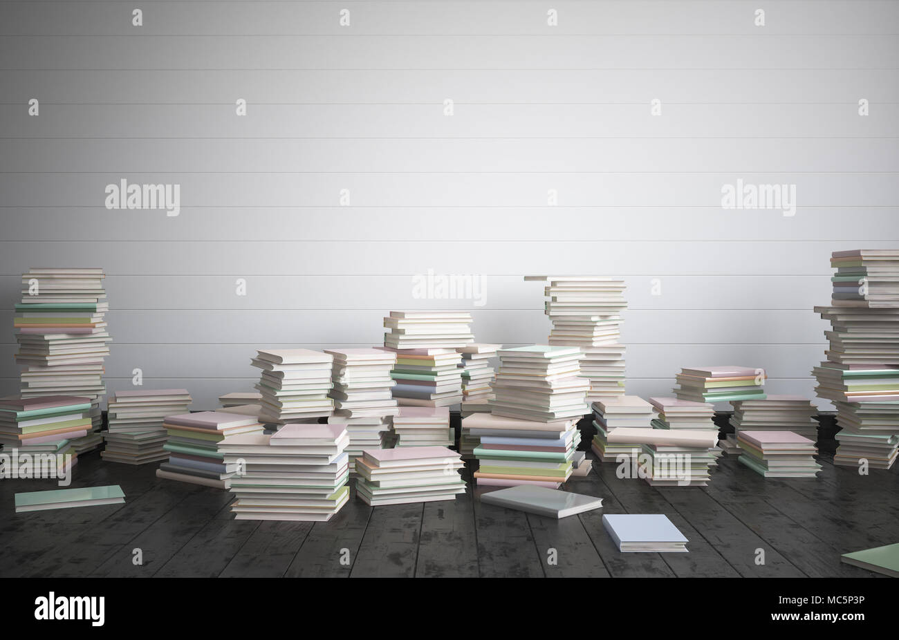 The full room of books on the floor, the concept of intense study. 3D ...