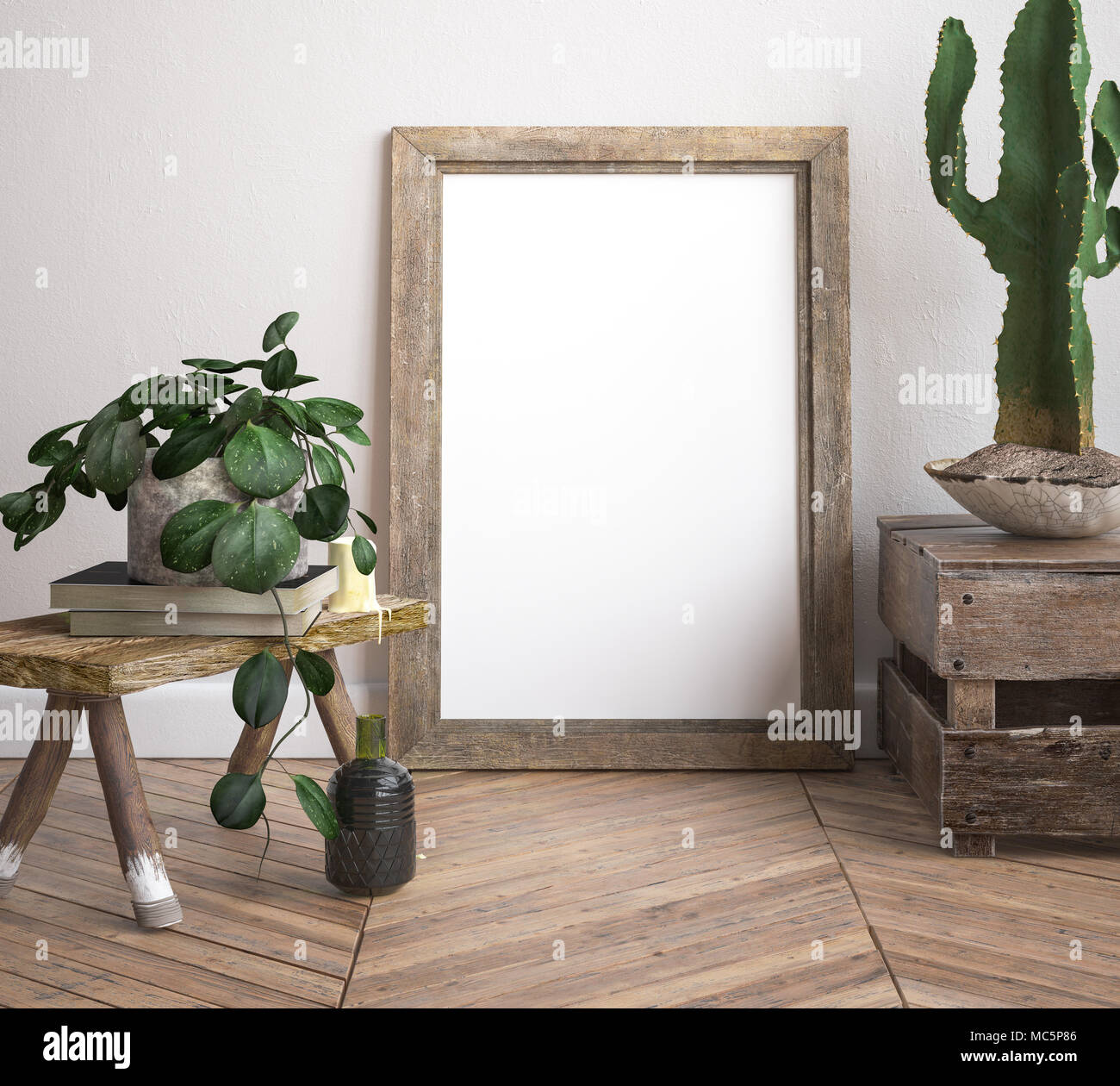 Mock up frame, decorated rustic background, 3d render Stock Photo - Alamy