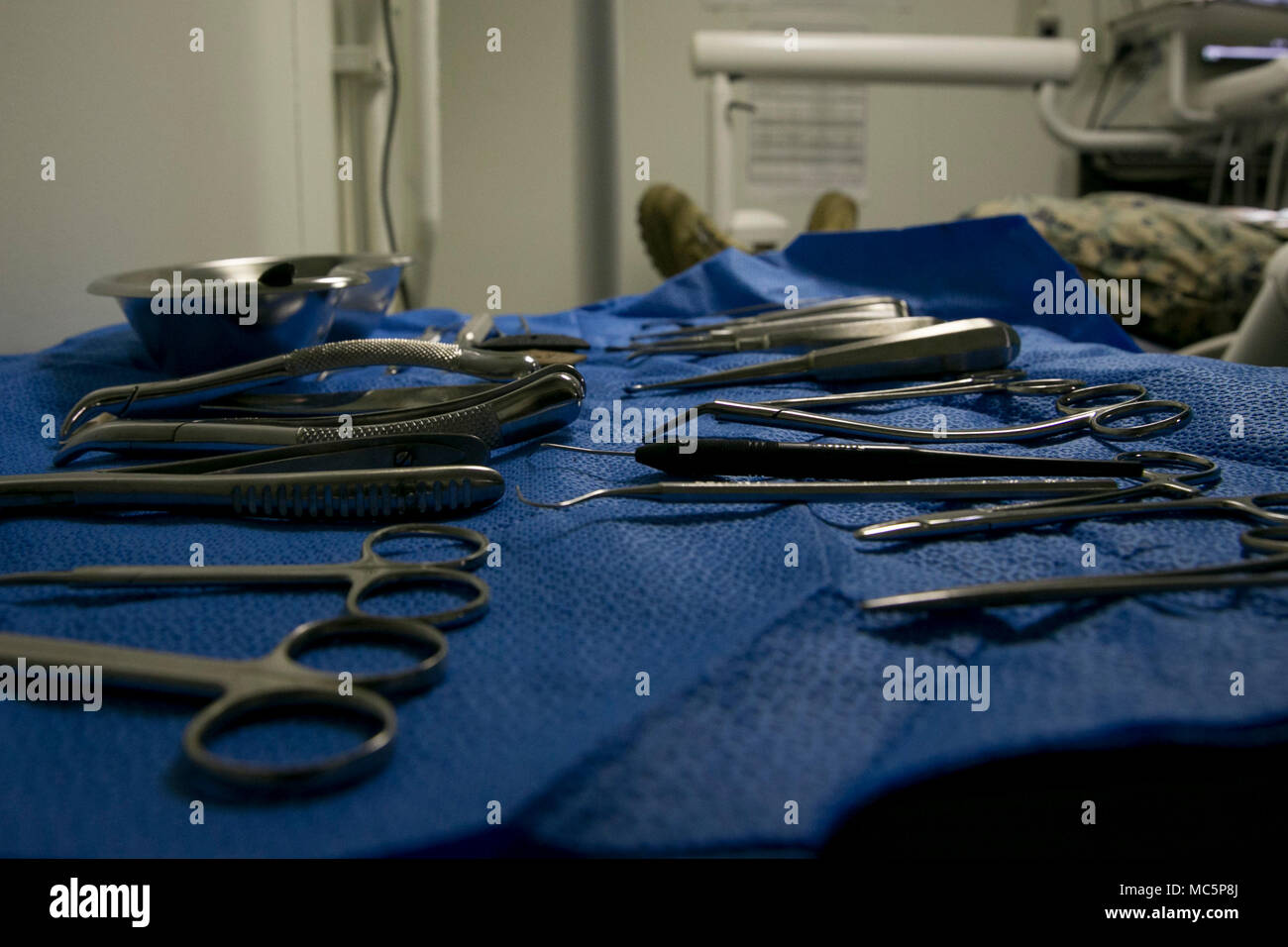Sterilized tools lie prepped for oral surgery aboard the USS Wasp (LHD ...