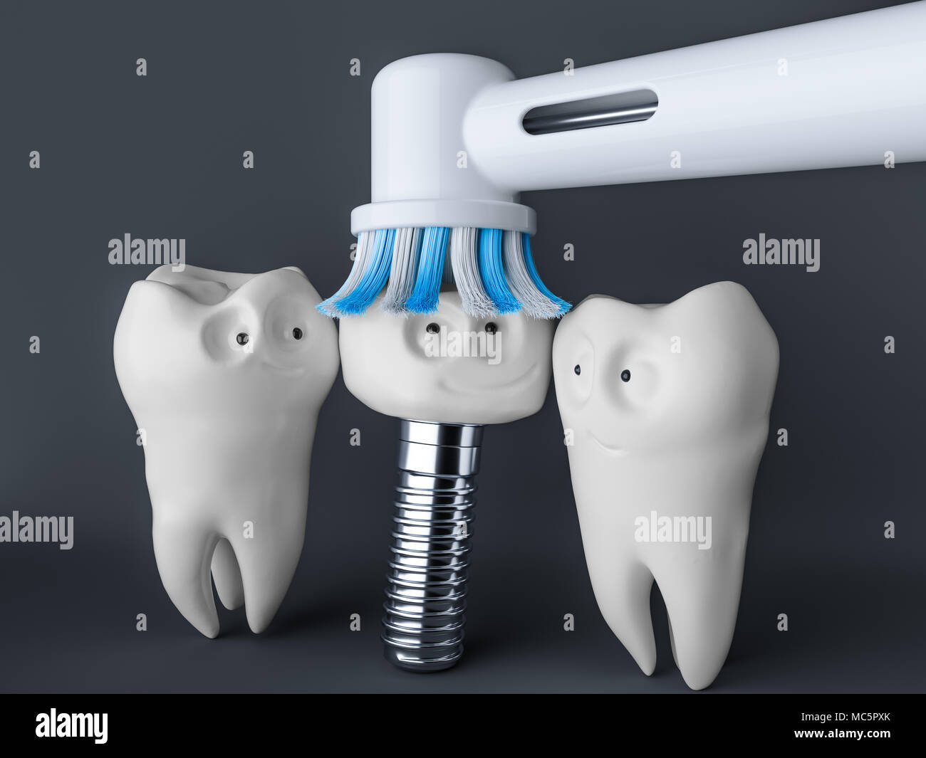 Tooth human cartoon. Two teeth welcome an implant. 3d rendering Stock ...