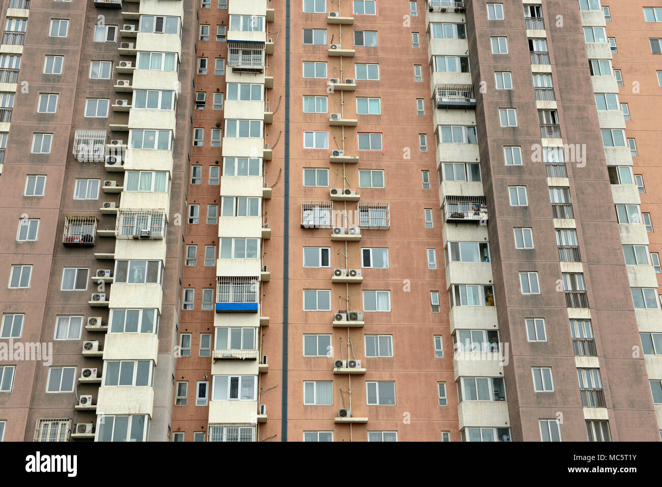 View of the facade of an apartment block in eastern Beijing, China ...