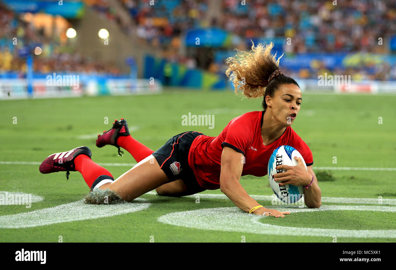 England's Deborah Fleming scores a try against Fiji in the Women's Pool ...