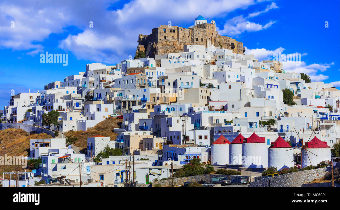 Beautiful Astipaleya island,view with traditional houses and windmills ...