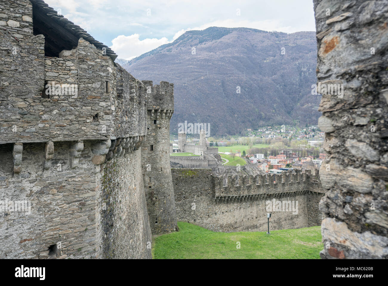old castle and fortress in the alpine city of Bellinzona in the Ticino ...