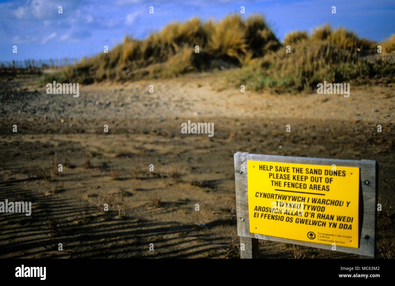 Sand Dune Protection Sign in Welsh, Point of Ayr, River Dee Estuary ...