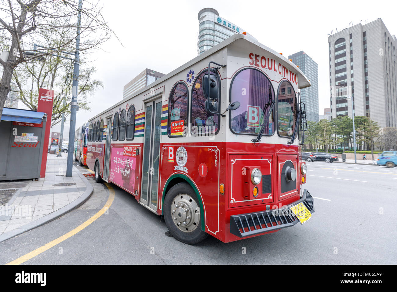 Seoul, South Korea - April 6, 2018 : Seoul city tour bus on the road at ...