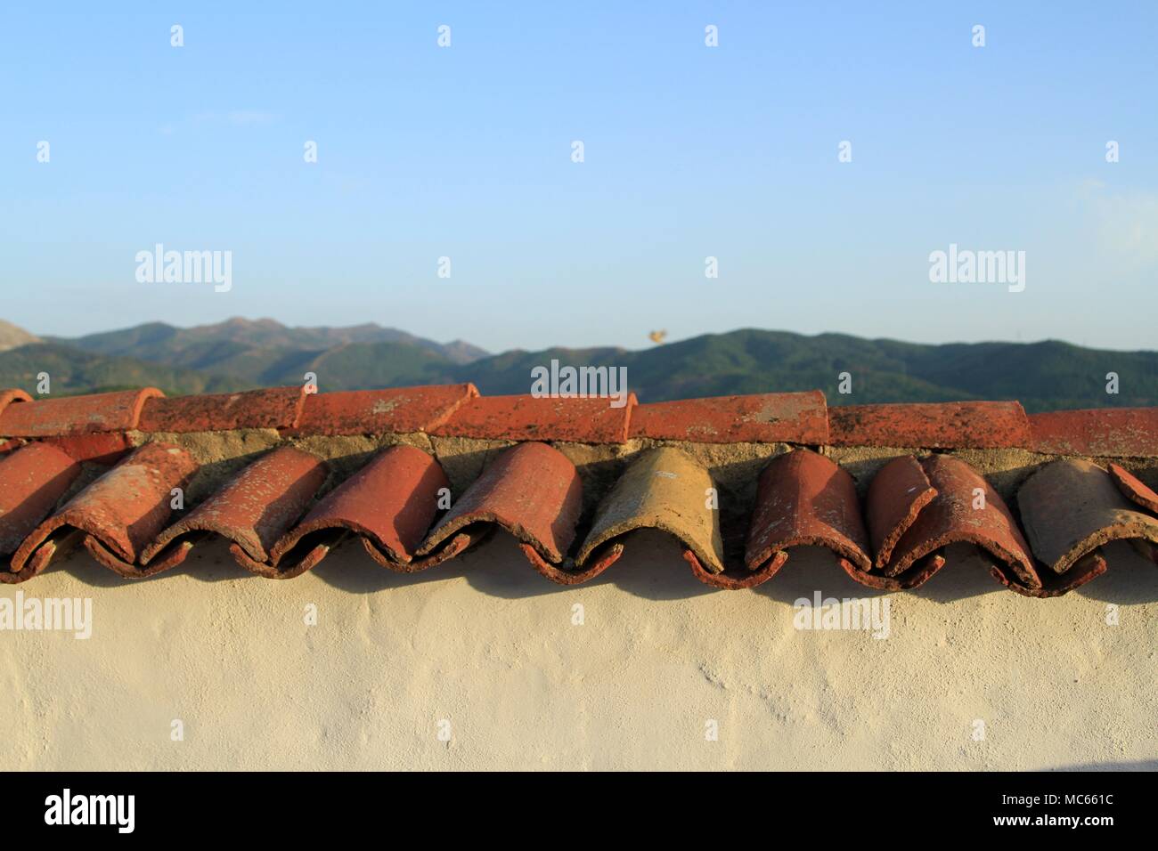 Spanish roof tiled ridge with mountains in the background, Village of ...