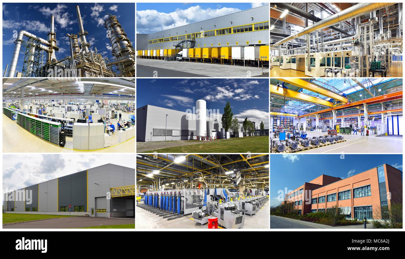 industry buildings inside and outside - collage - manufacturing and ...