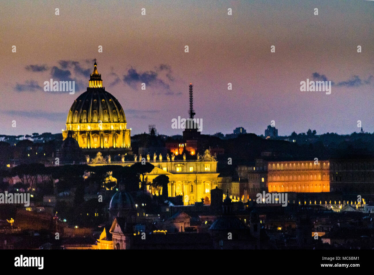 Rome night cityscape aerial view with st peters dome as main subject ...