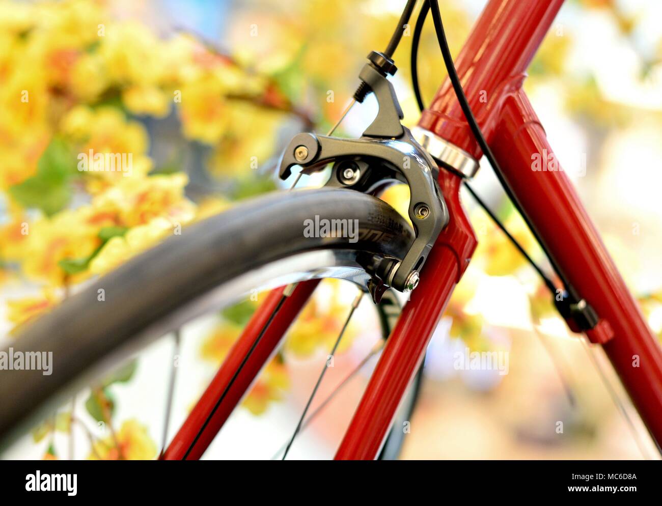 The wheel fork of a bicycle in Hanover (Germany), 25 March 2018 ...
