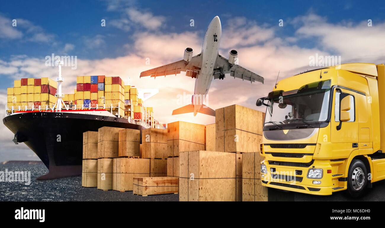 Truck, airplane and ship with carrier boxes as a symbol for ...