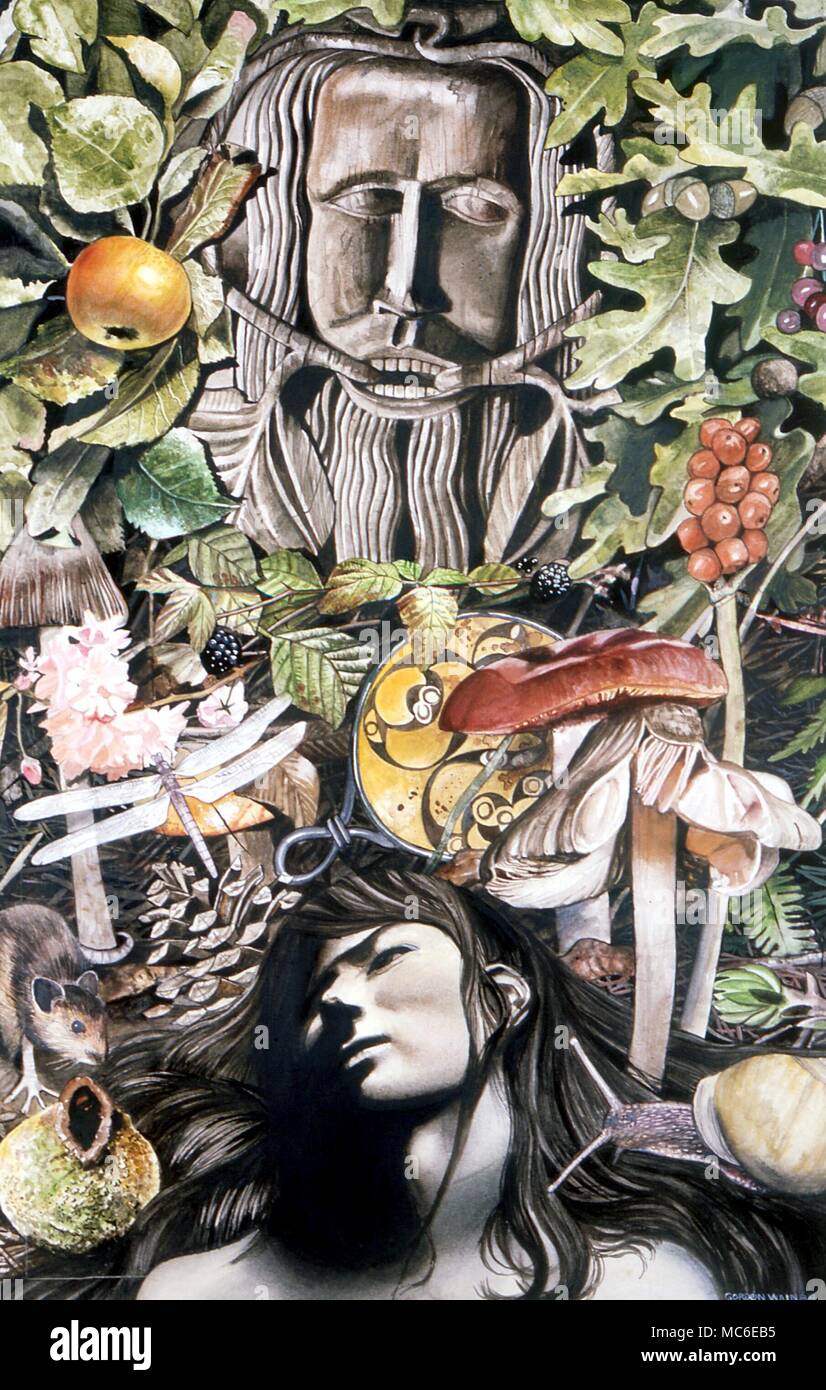 Green Man, a detail of his head in floriate background to a painting of ...