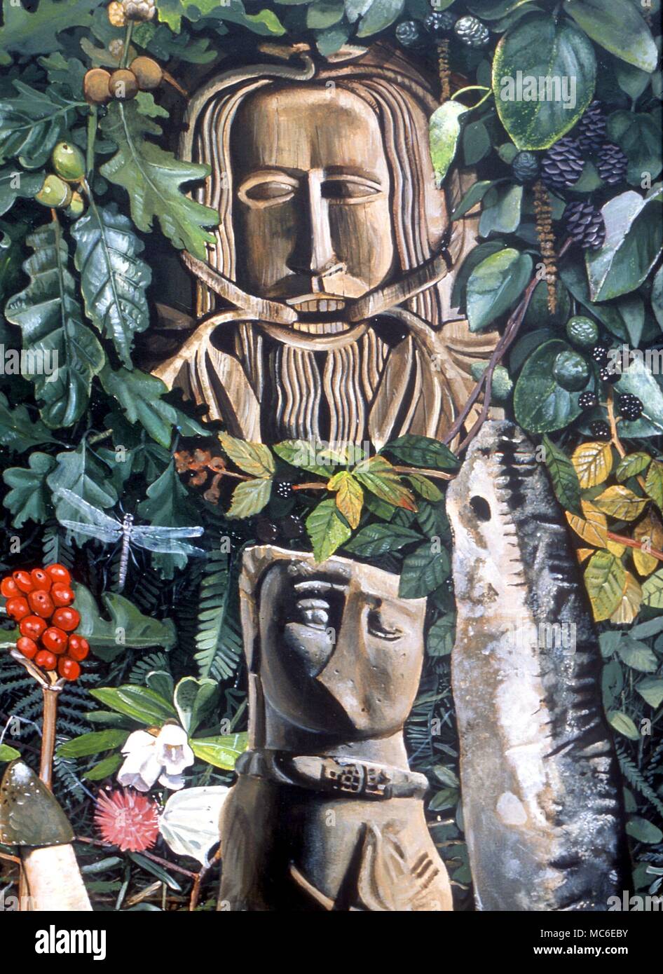 Green Man, a detail of his head in floriate background to a painting of ...