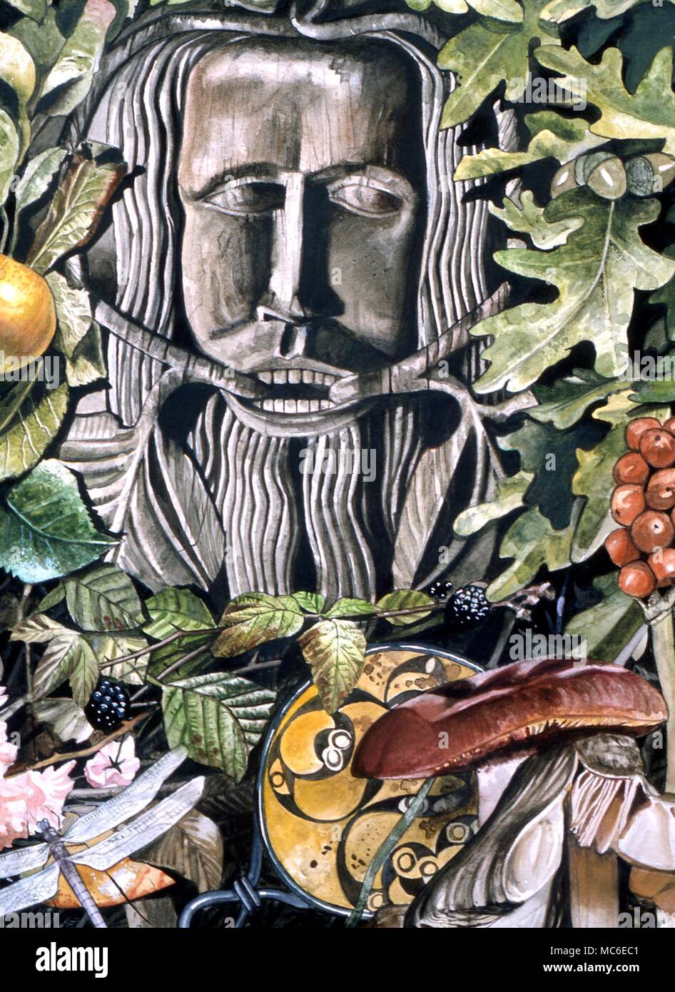 Green Man, a detail of his head in floriate background to a painting of ...