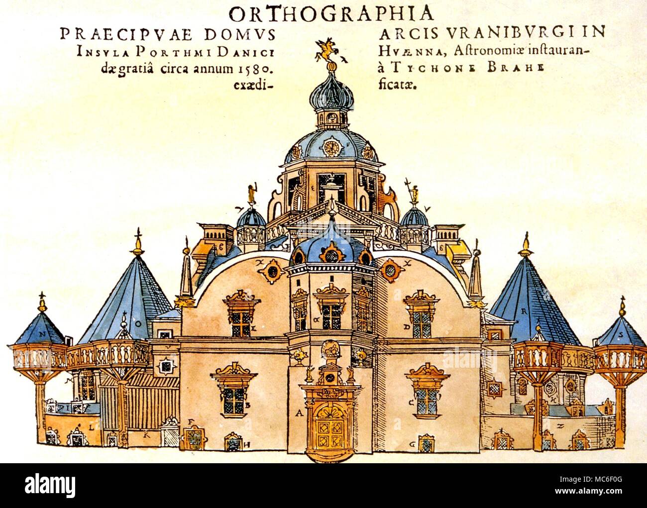 OBSERVATORIES - Uraniborg in Hveen. Woodcut from Tycho Brahe's ...