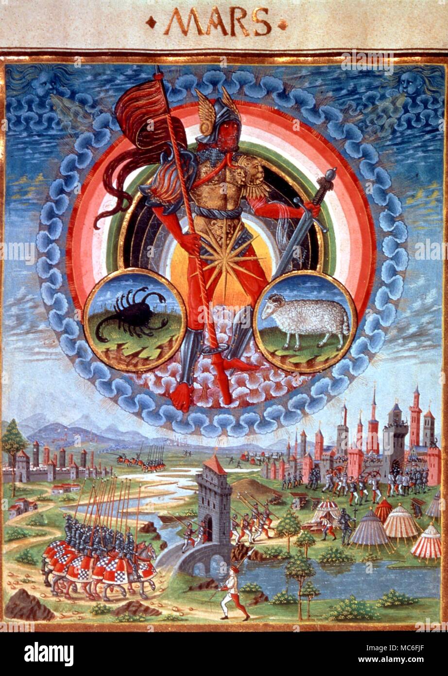PLANETS - MARS Mediaeval manuscript painting of Mars with his 'children ...