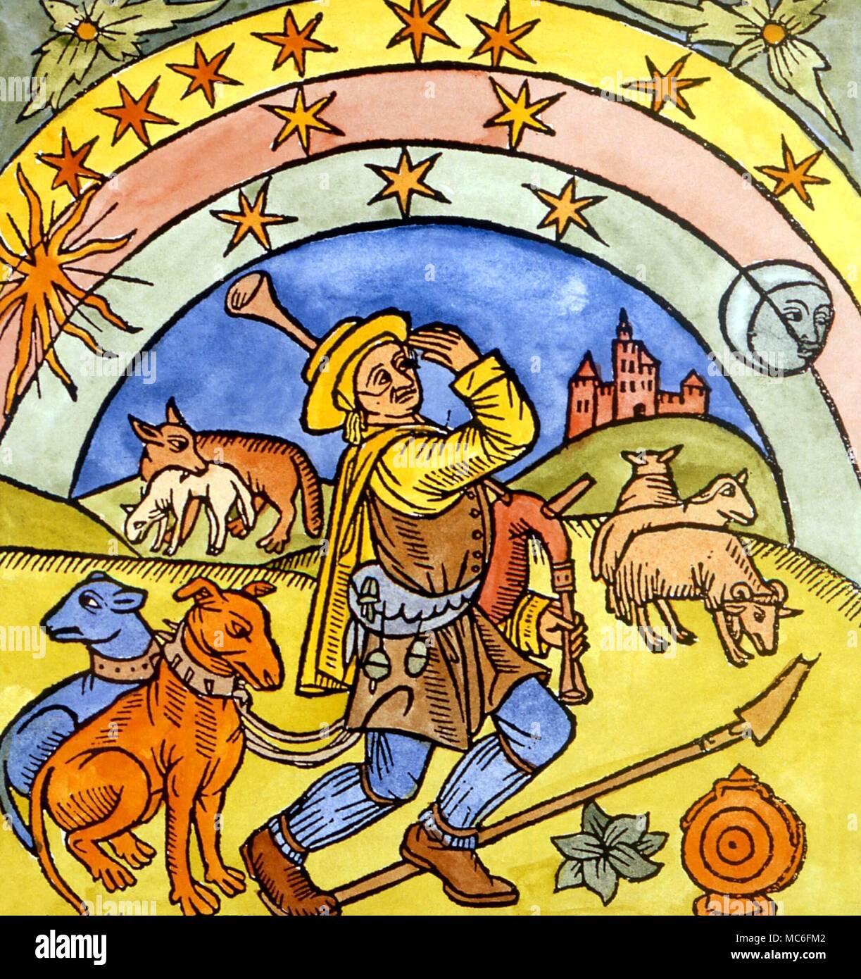 Astrology - planets The Sun and Moon in their spheres - crude woodcut ...