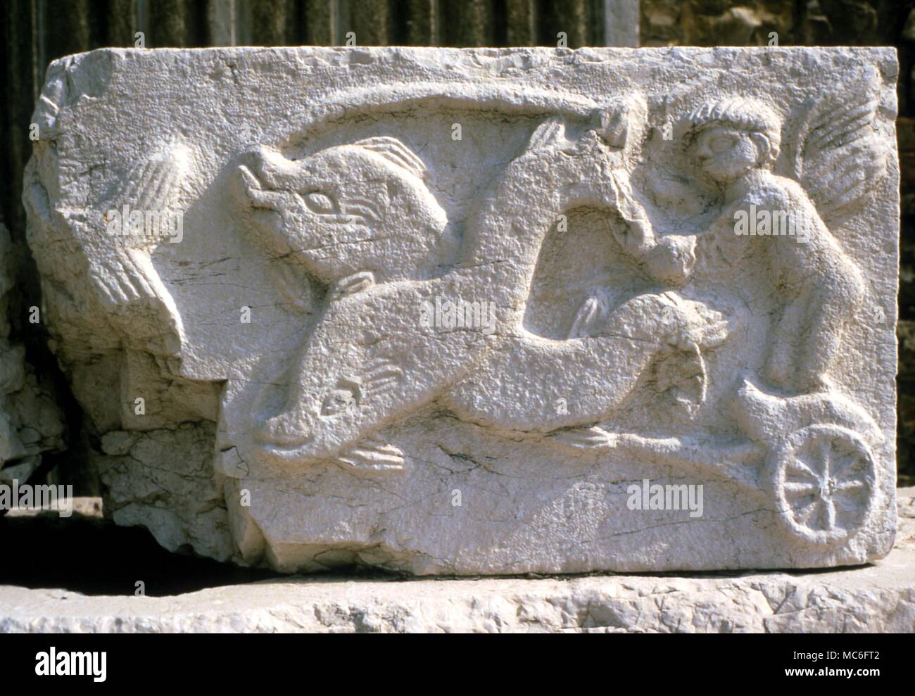 A pair of Dolphins, pulling a winged cupid on a wheeled chariot. Bas ...