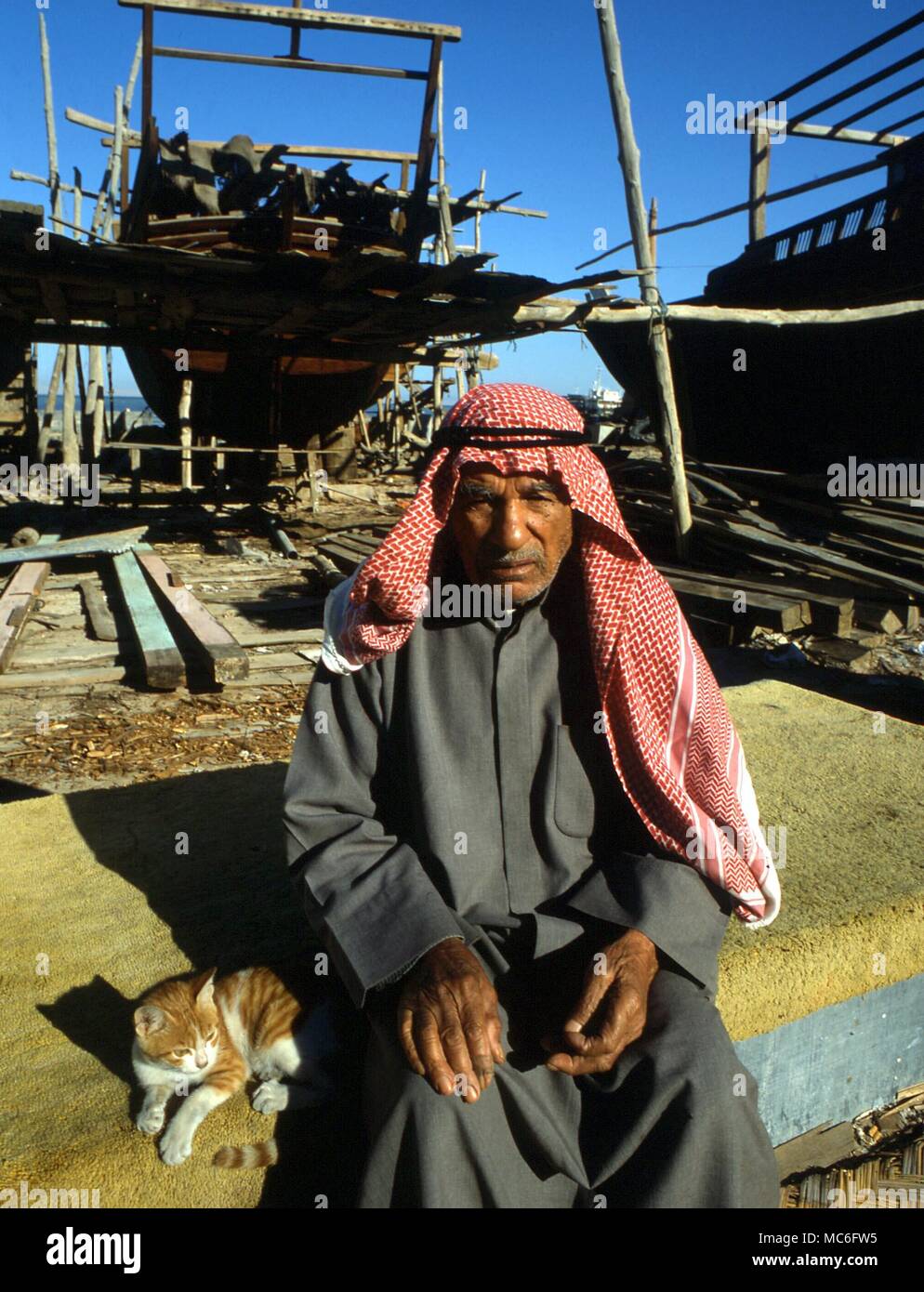 Ship's cat, alongside the most famous of the Kuwaiti boat-builders, in ...