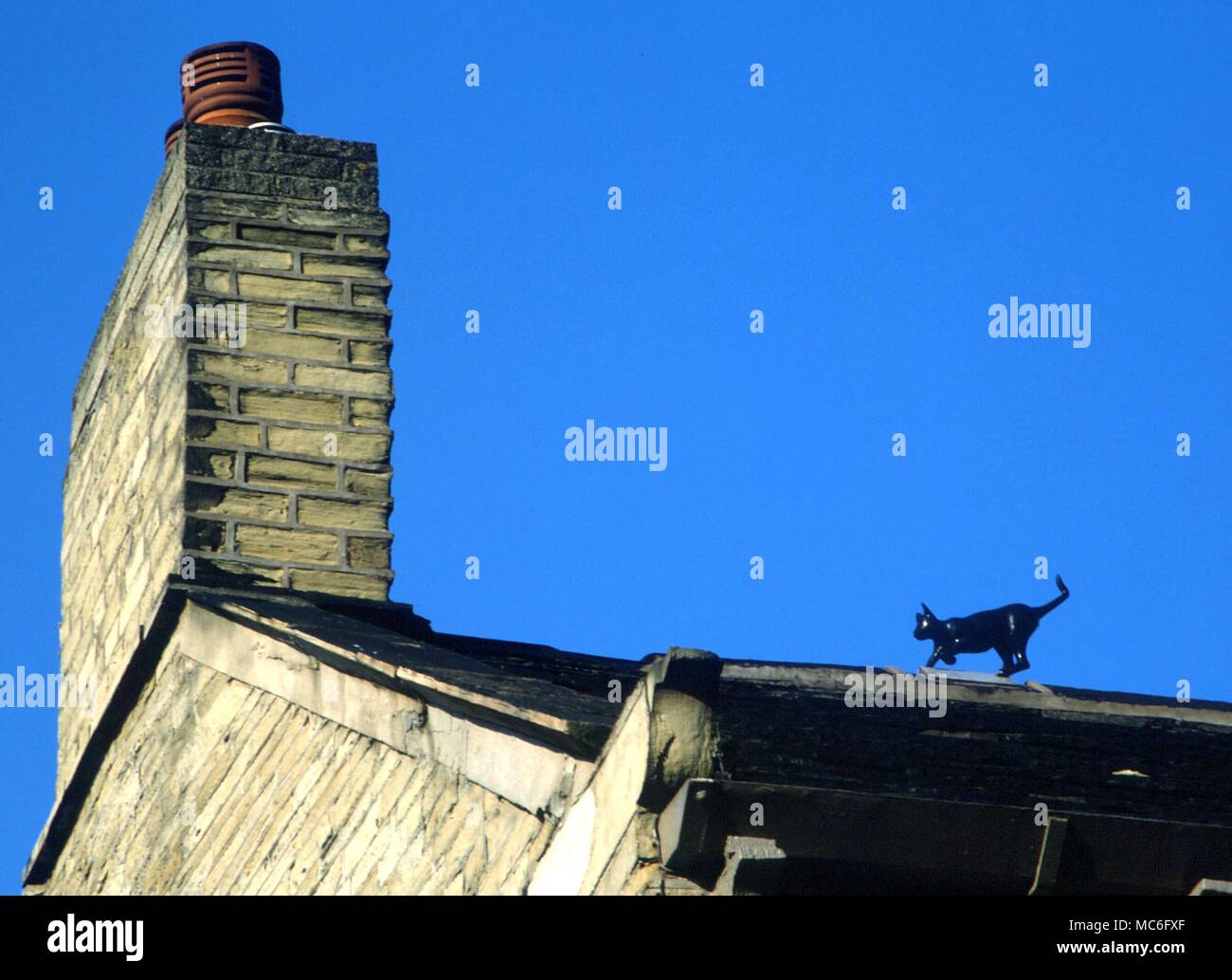 Skywalking cat - sculpture of a cat on the rooftop of a public house ...