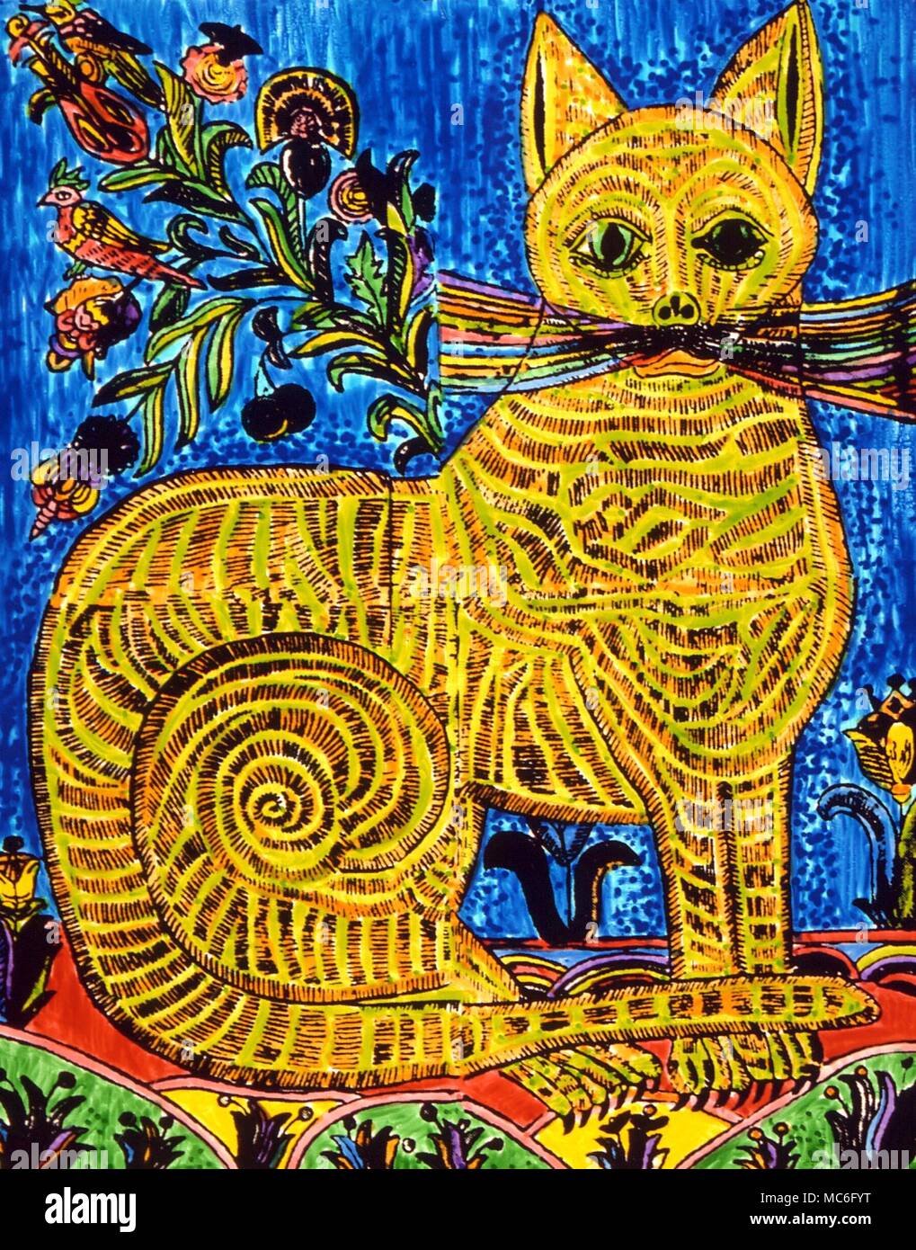 Hand coloured woodcut of a cat from a collection of Russian ...