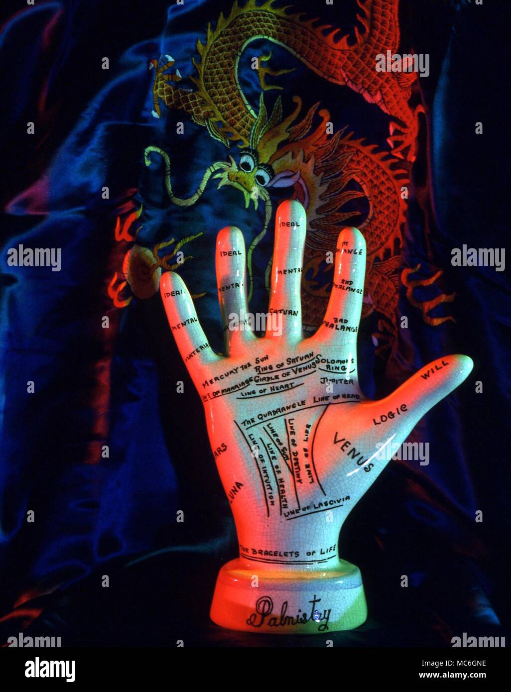 PALMISTRY - A ceramic hand, marked with the main lines and mounts, as ...