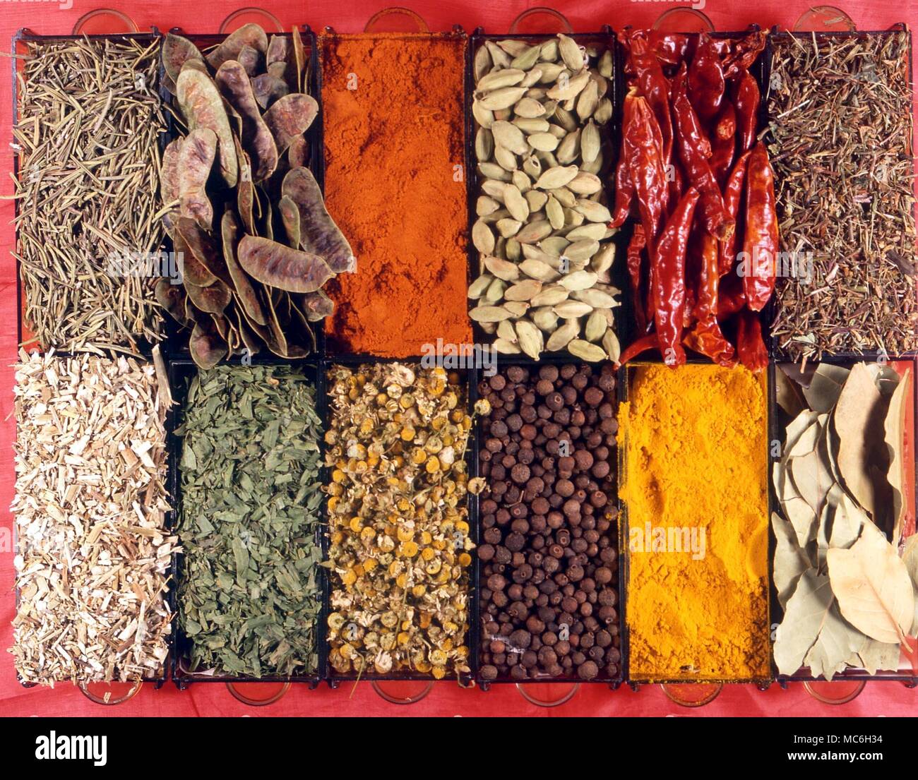 Herbs and spices. Rosemary, Sena, Chilli, Cardamon Pods, Whole chillies ...