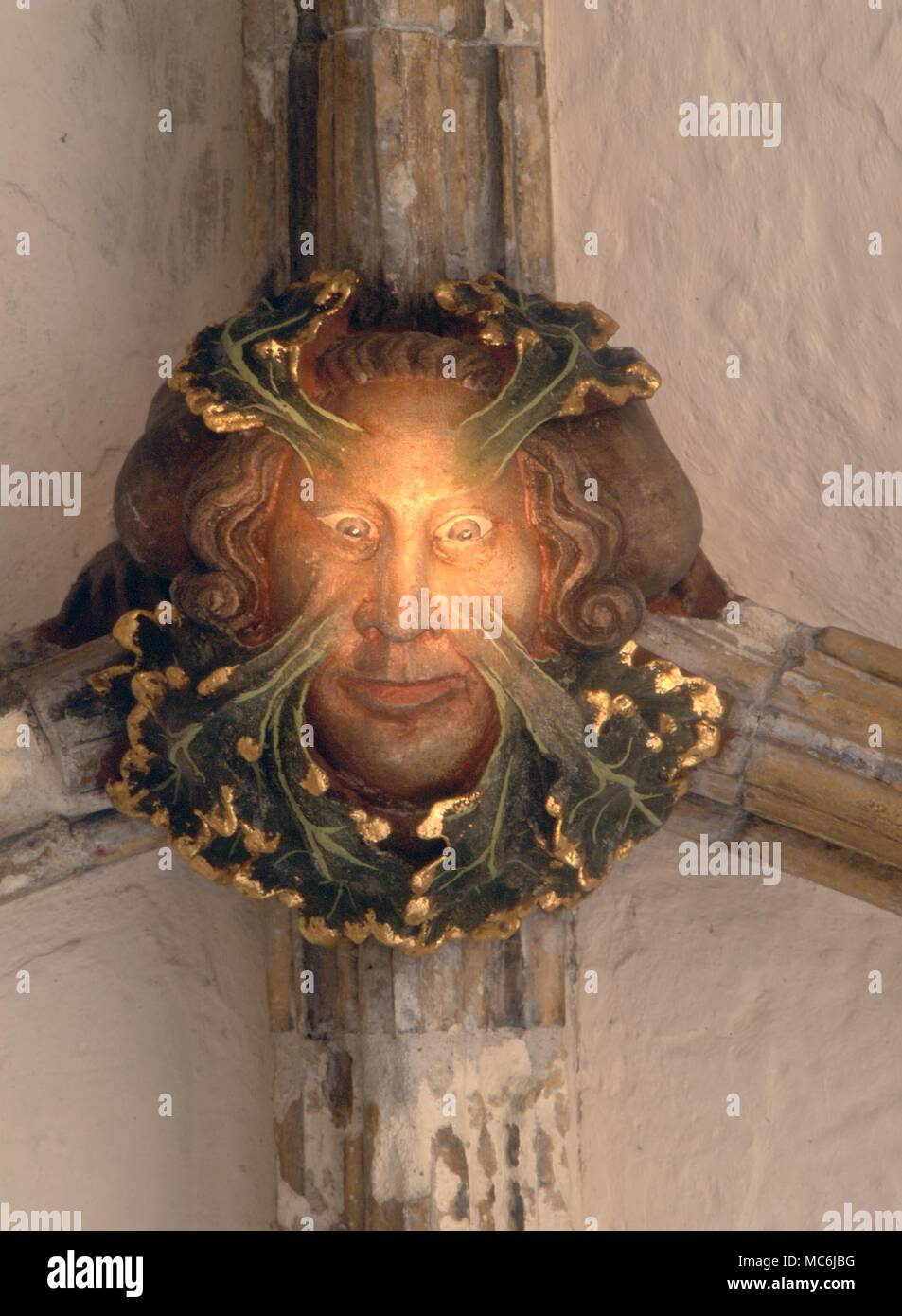 GREEN MAN. Green man on a boss in the cloister ceiling of Norwich ...