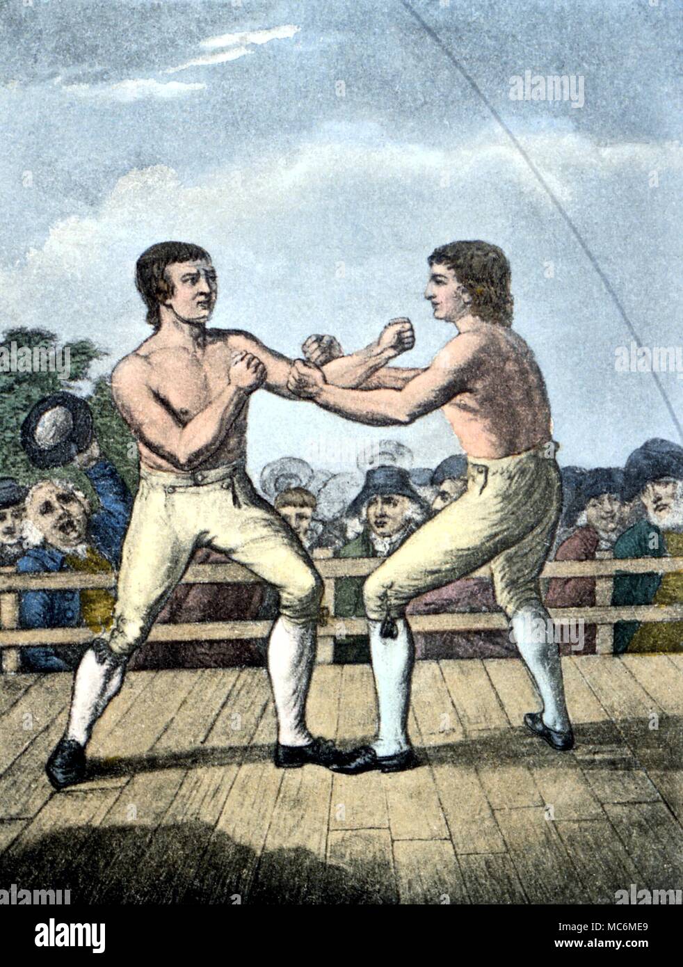 POPULAR AMUSEMENTS - Boxing. Coloured engraving of two men fighting in ...