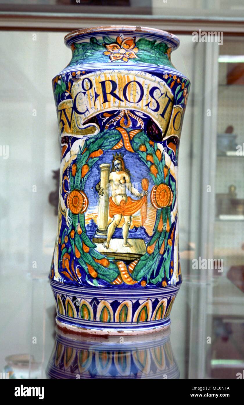 Medical. Painted storage jars, on display in the Swiss Museum of ...