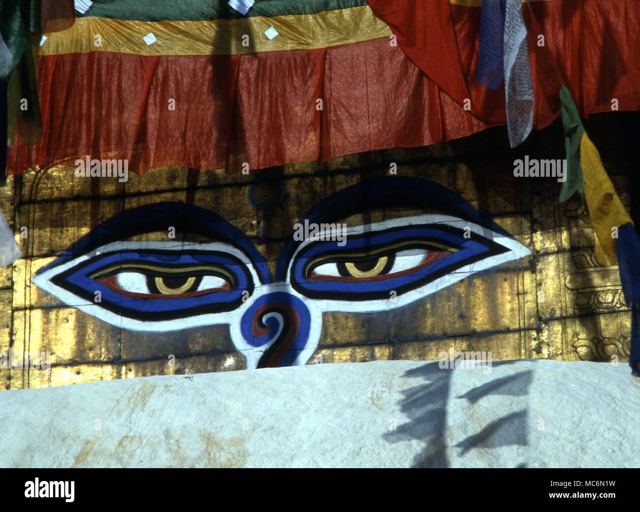 Nepal - Kathmandu The sacred eyes, with the Tibetan numeral One, on the ...