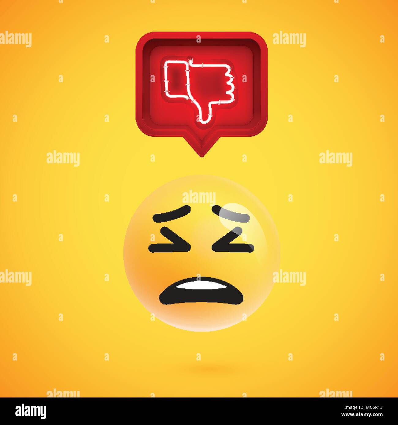 Realistic 3D emoticon with neon glowing dislike sign in a 3D speech ...