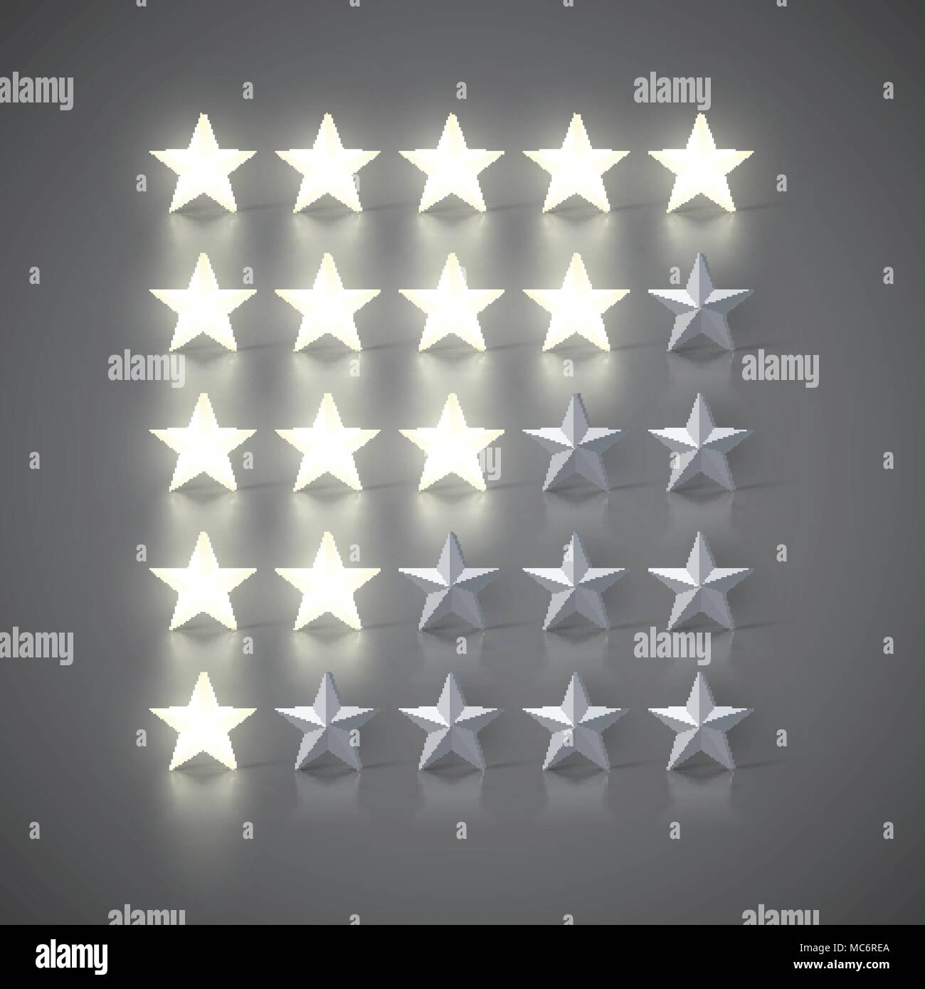 Star-rating set with 3D glowing stars and grey ones, vector ...