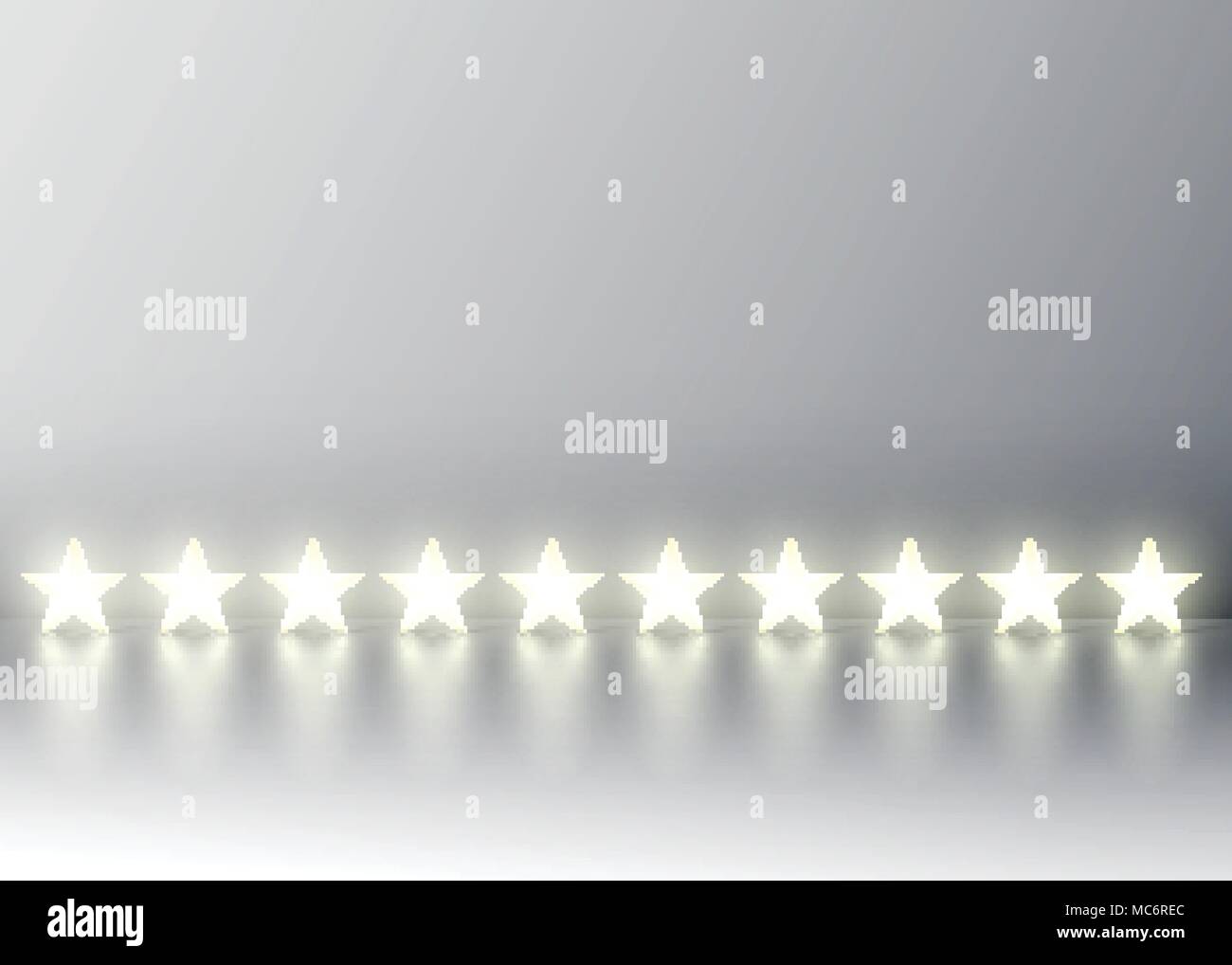 Ten 3D yellow glowing star rating on grey background, vector ...
