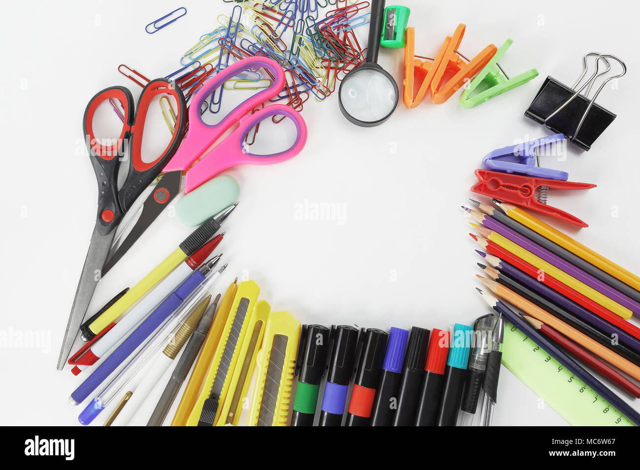 frame of office supplies on white background .photo with copy space ...
