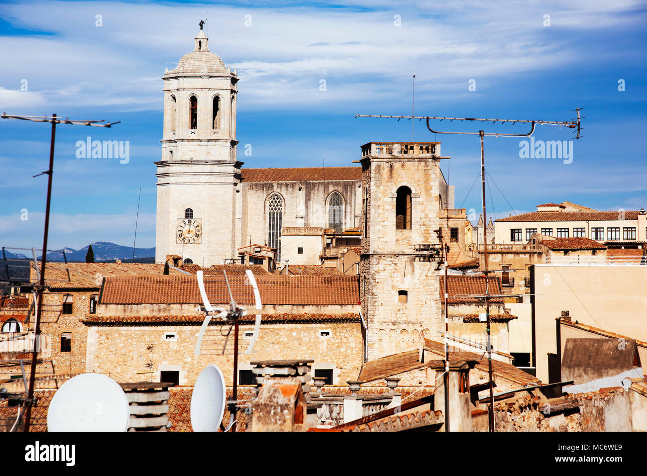 an aerial view of the Old Town of Girona, in Spain, seen from above ...