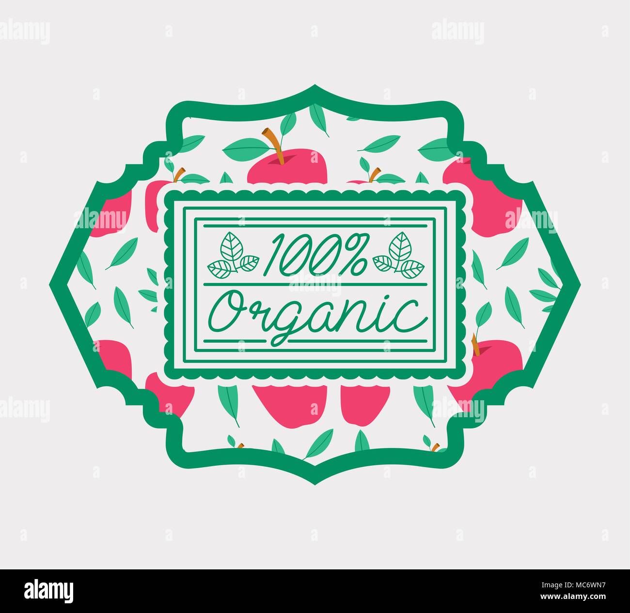 frame with leafs and apples of 100 percent organic food vector ...