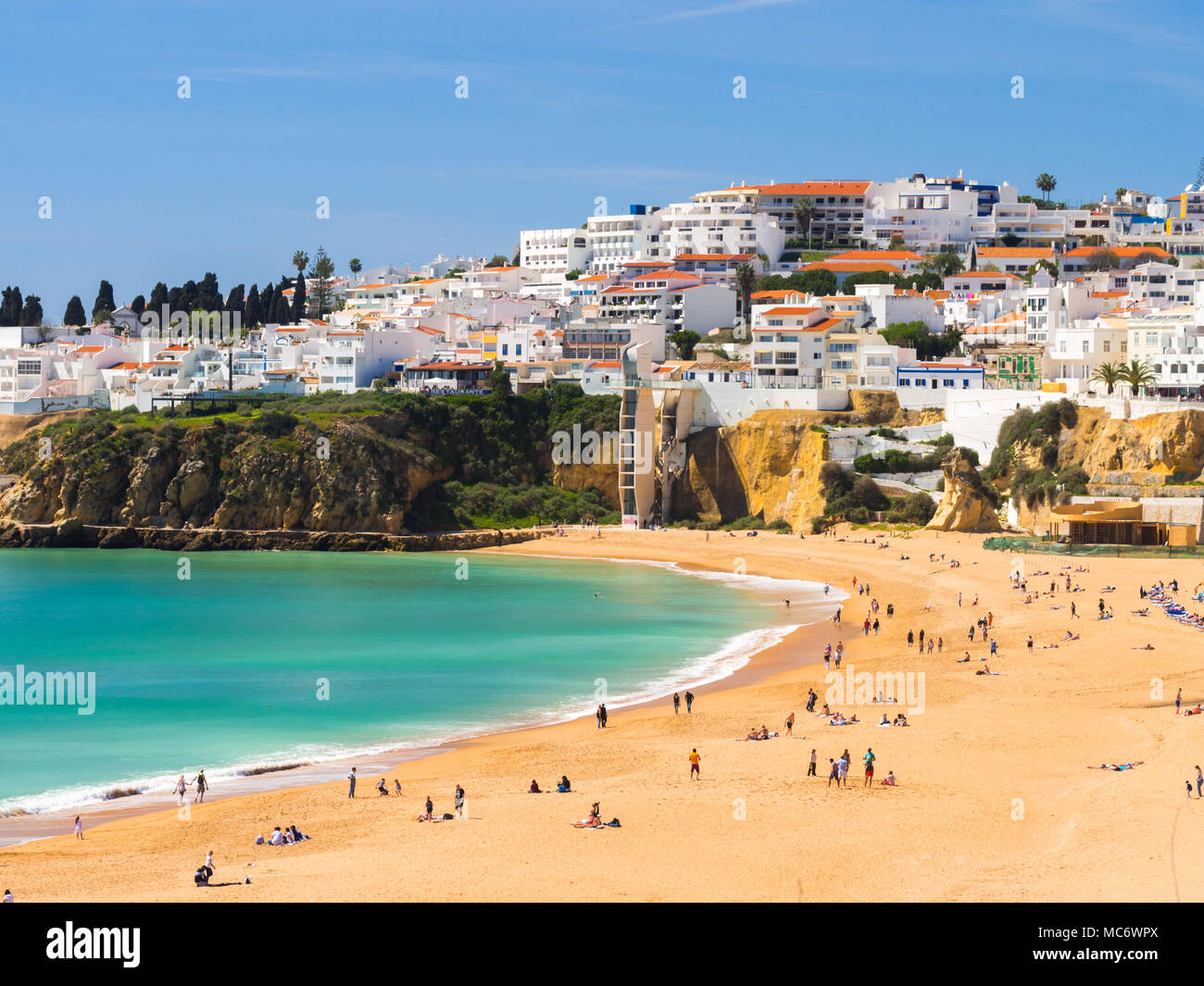 ALBUFEIRA, PORTUGAL - MARCH 26, 2018: View of the city and the beach of ...
