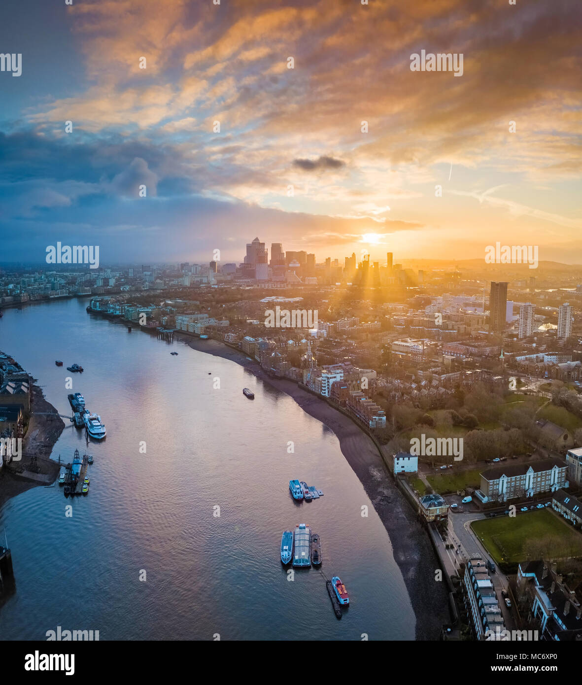London, England - Panoramic aerial skyline view of east London at ...