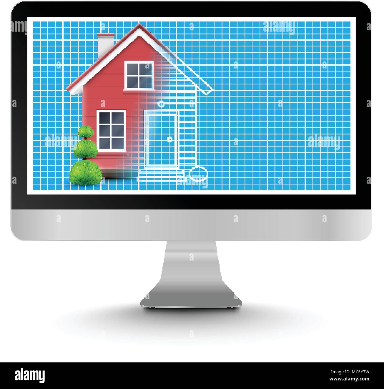 Realistic house with a blueprint on a computer, vector Stock Vector ...