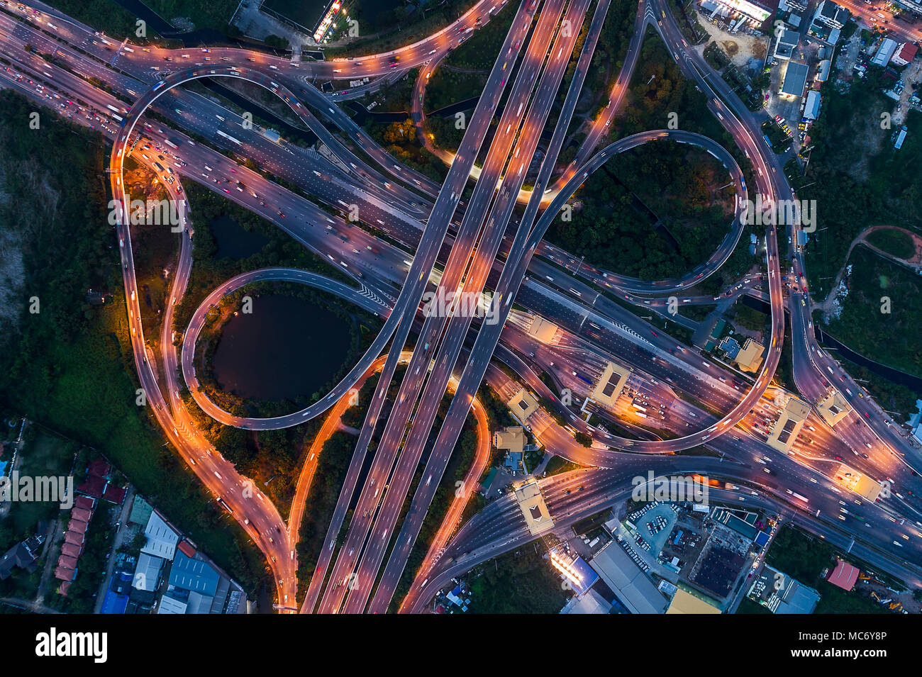 Aerial view of traffic jams at Nonthaburi intersection in the evening ...