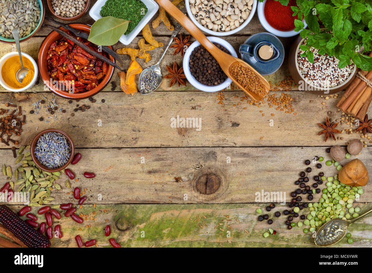 Selection of Herbs and Spices used in cooking to add flavor and ...