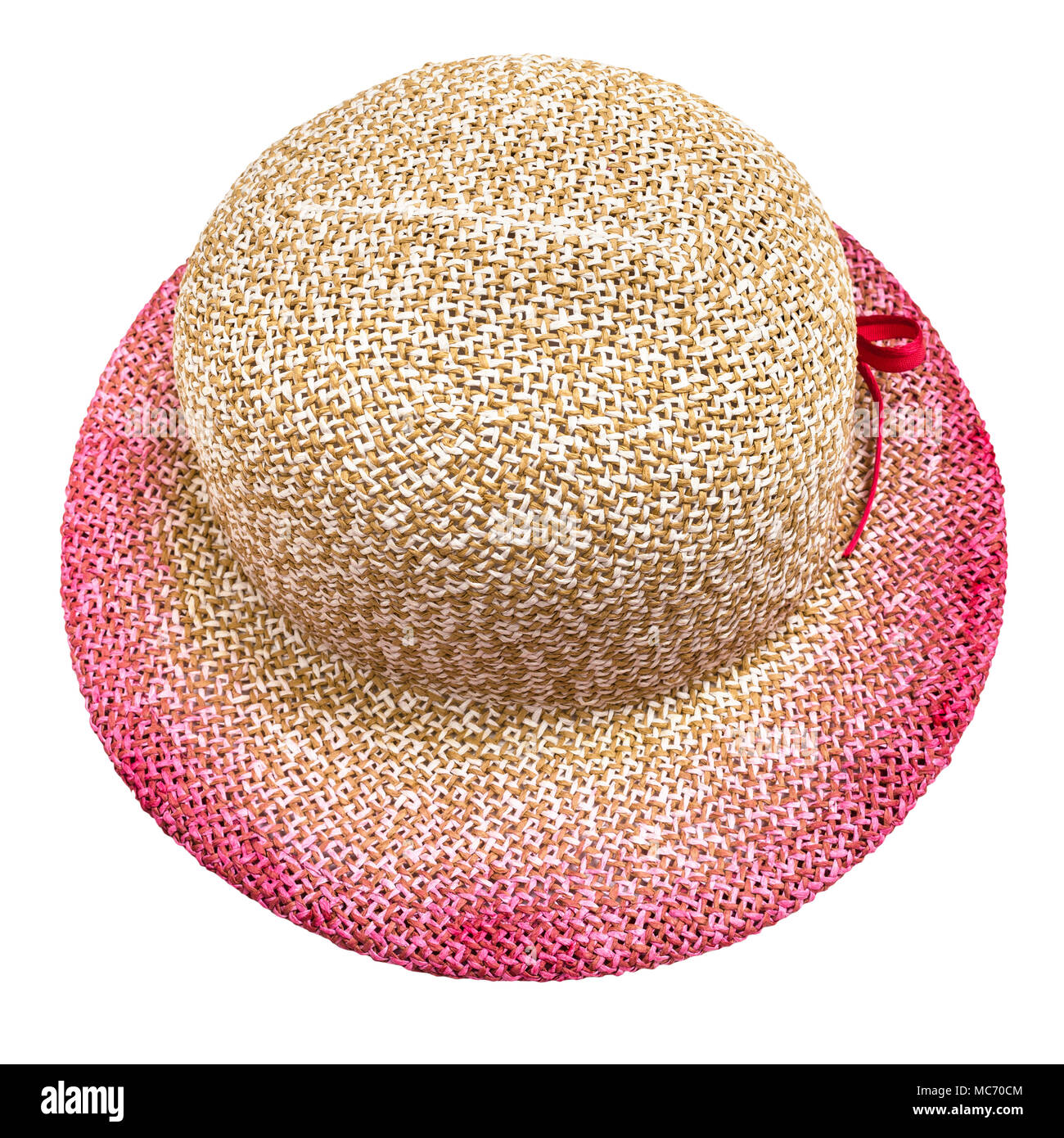 above view of straw hat with pink colored narrow brim isolated on white ...