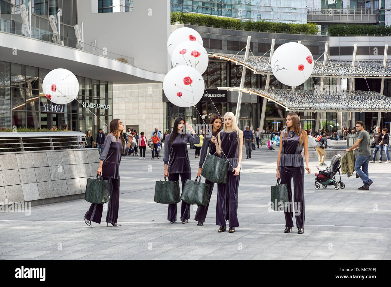 MILAN, ITALY - SEPTEMBER 22, 2017: Fashionable models poses on the ...